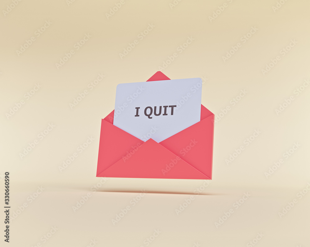 Envelope with i quit letter, isolated on pastel background. modern ...