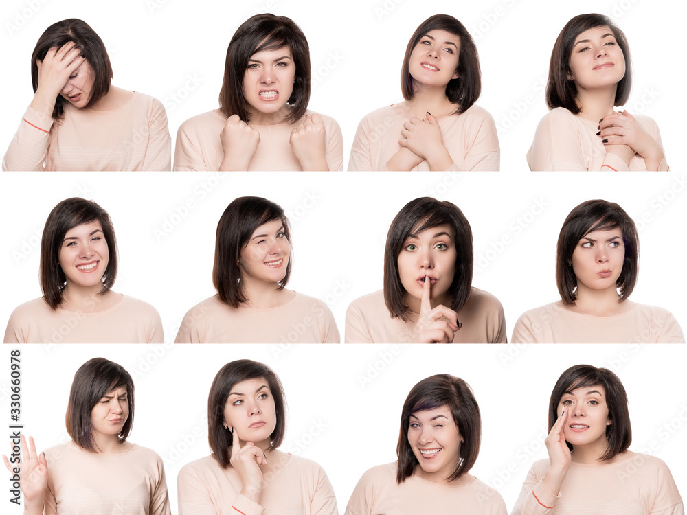 emotions of a girl collage on a white background isolate. Mosaic of ...