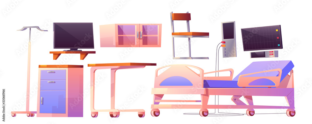 Hospital ward interior with adjustable bed, medical monitor and drop ...