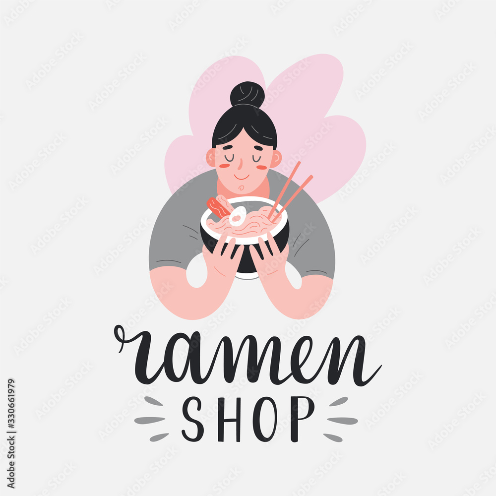 Ramen shop logotype with illustration of cute woman holding a bowl full ...