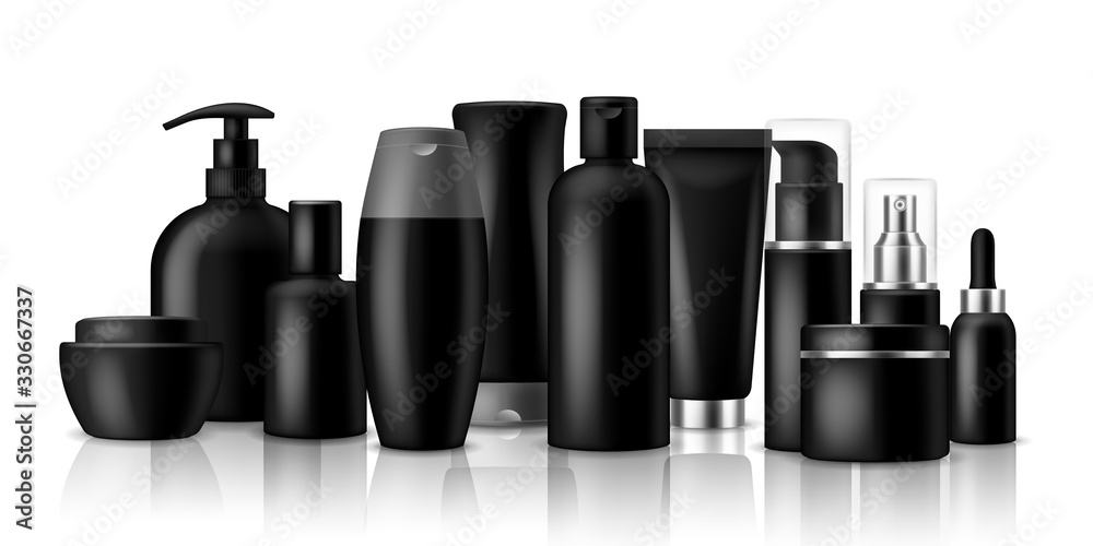 Cosmetic products. Black blank containers and jar for luxury spray or ...