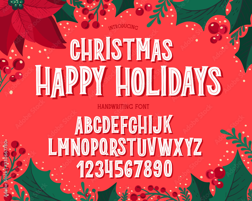 Christmas font. Holiday typography alphabet with festive illustrations ...