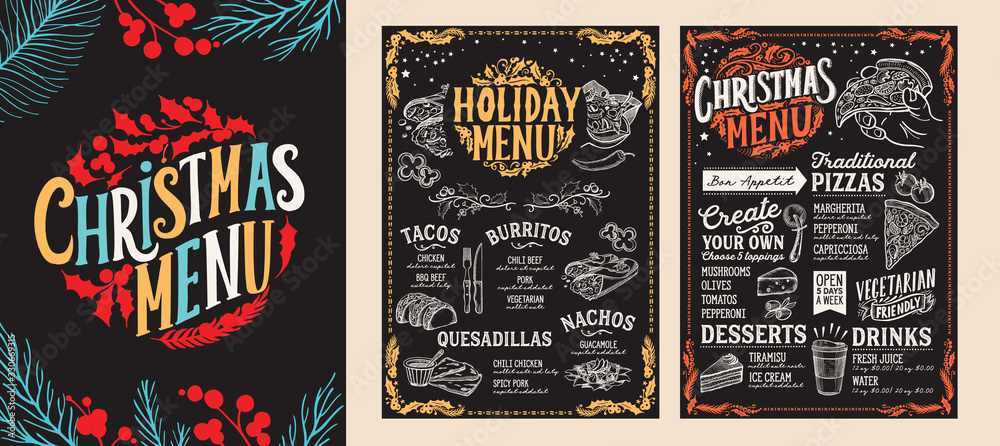 Christmas and New Year food menu template for restaurant. Vector ...