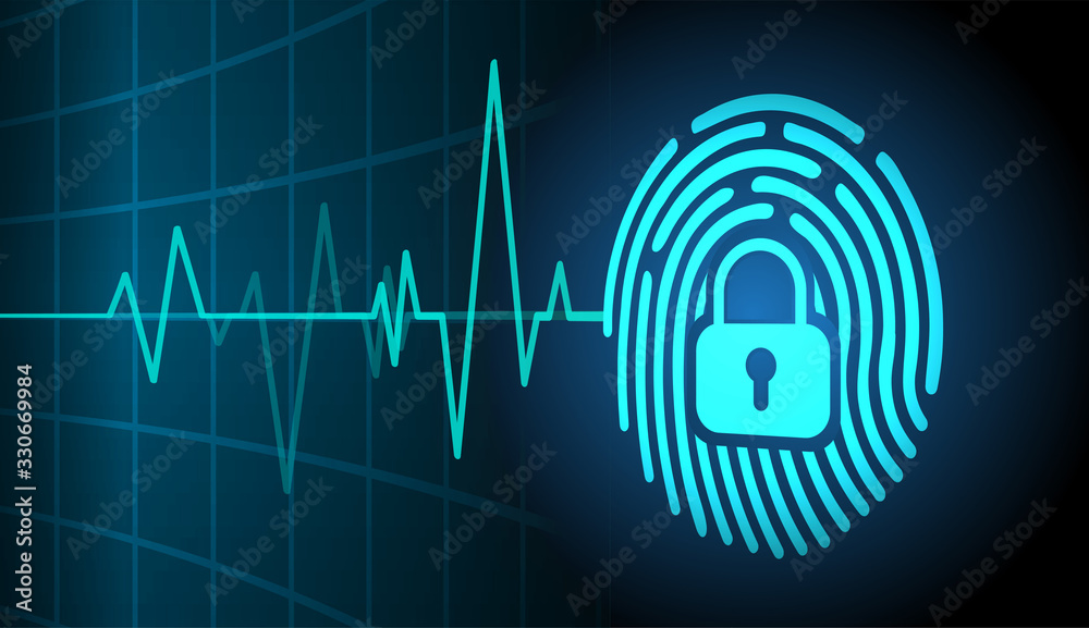 Fingerprint HUD Closed Padlock on digital background, EKG wave cyber ...