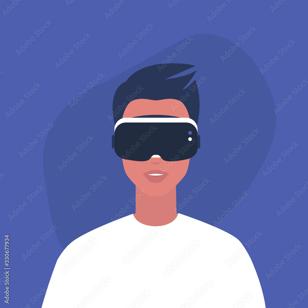 Young male character wearing a virtual reality headset, Millennial ...