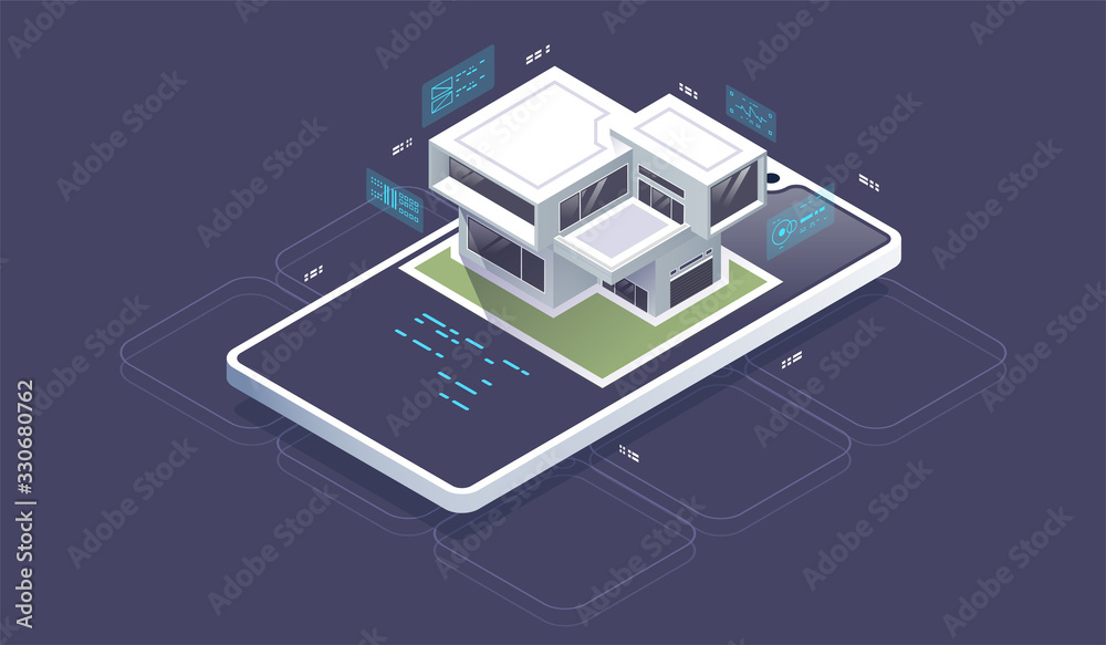 Isometric Smart home technology interface on smartphone app screen with ...