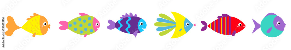 Fish icon line set. Cute cartoon kawaii funny character. Marine life ...