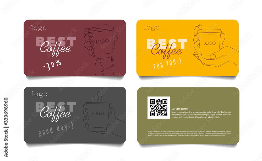 Coffee discount coupon voucher cards with line sketch illustration of ...