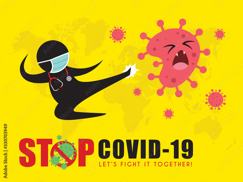 Stick figure man in medical face mask fly kick coronavirus. Stop ...