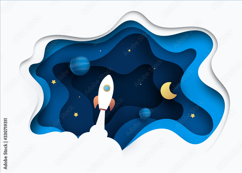 Abstract 3D background. Rocket launch. Start up symbol. Paper cut ...