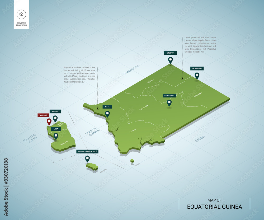 Stylized map of Equatorial Guinea. Isometric 3D green map with cities ...