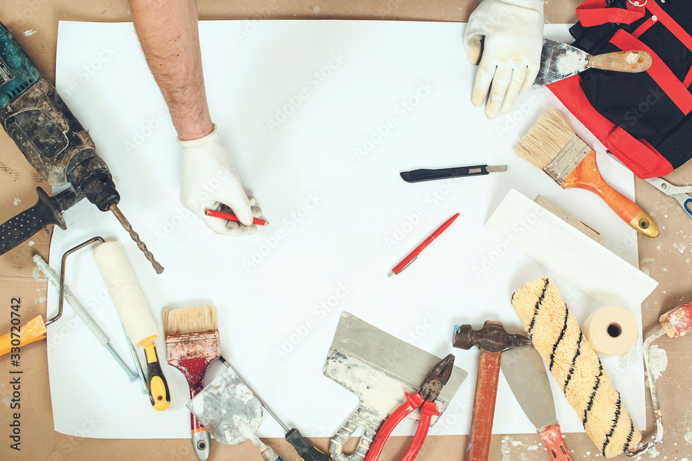 Set of tools for repair, top view. Mock up with various tools. Repair ...