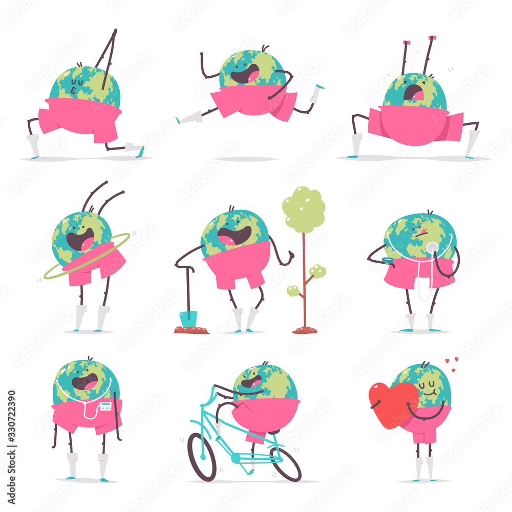 Earth health day cute cartoon characters set. Yoga, fitness and nature ...