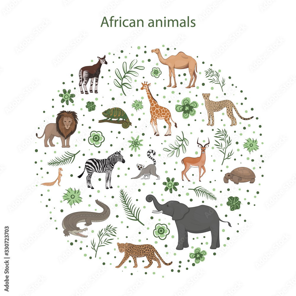 Vector set of cartoon African animals with leaves, flowers and spots in ...