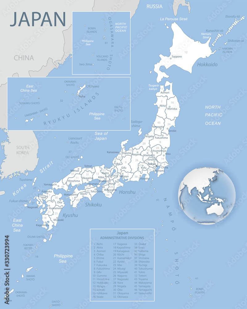 Poster Blue-gray detailed map of Japan with administrative districts ...