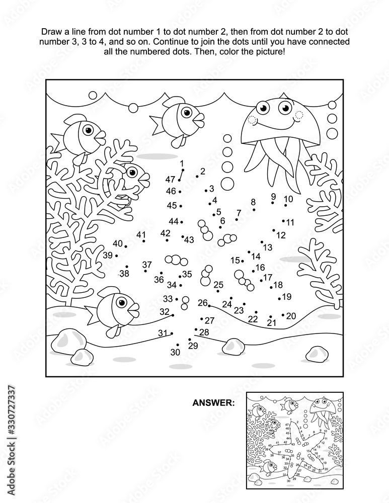 Connect the dots picture puzzle and coloring page, underwater life ...