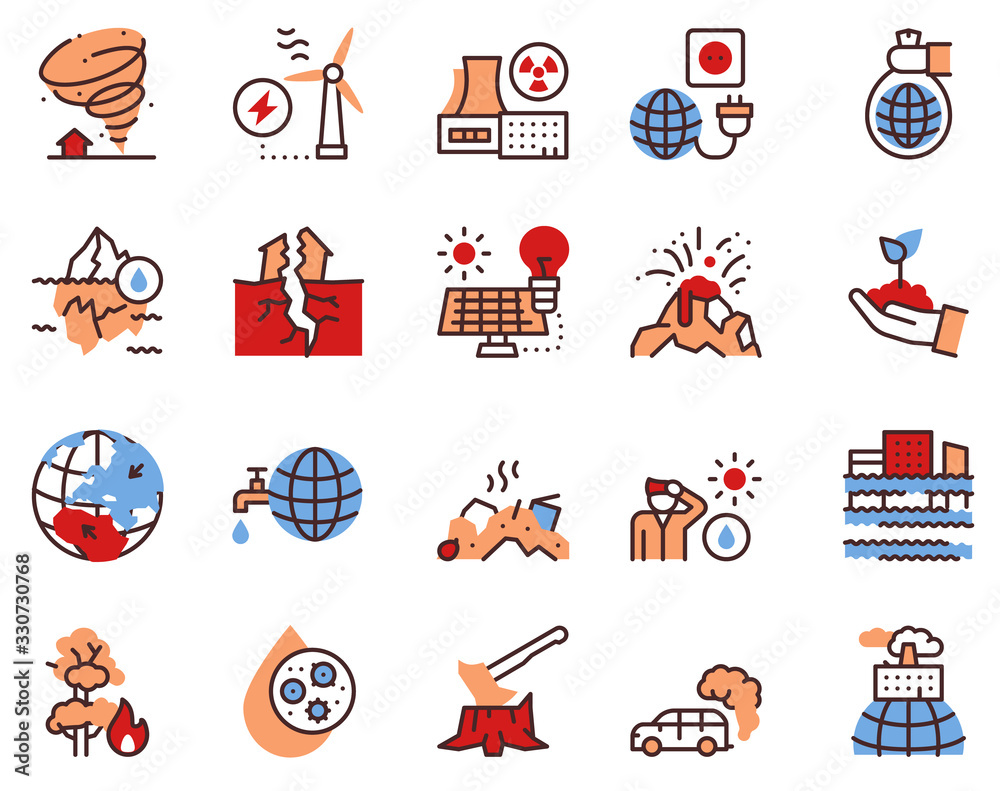 Climate change and global warming color linear icon set. Natural ...