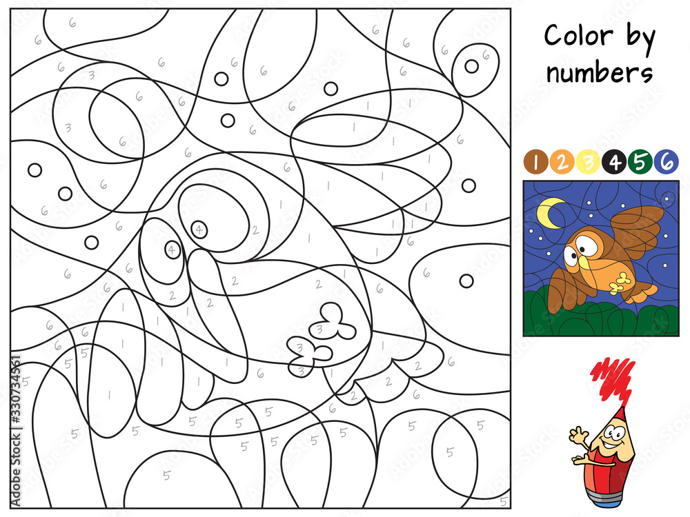 Owl flies at night. Color by numbers. Coloring book. Educational puzzle ...
