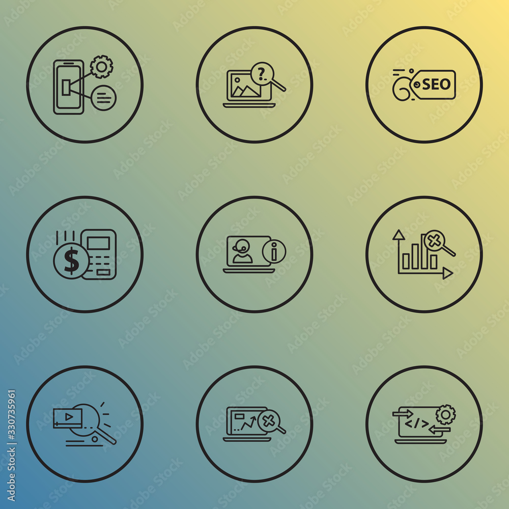 Optimization icons line style set with image search, mobile ...
