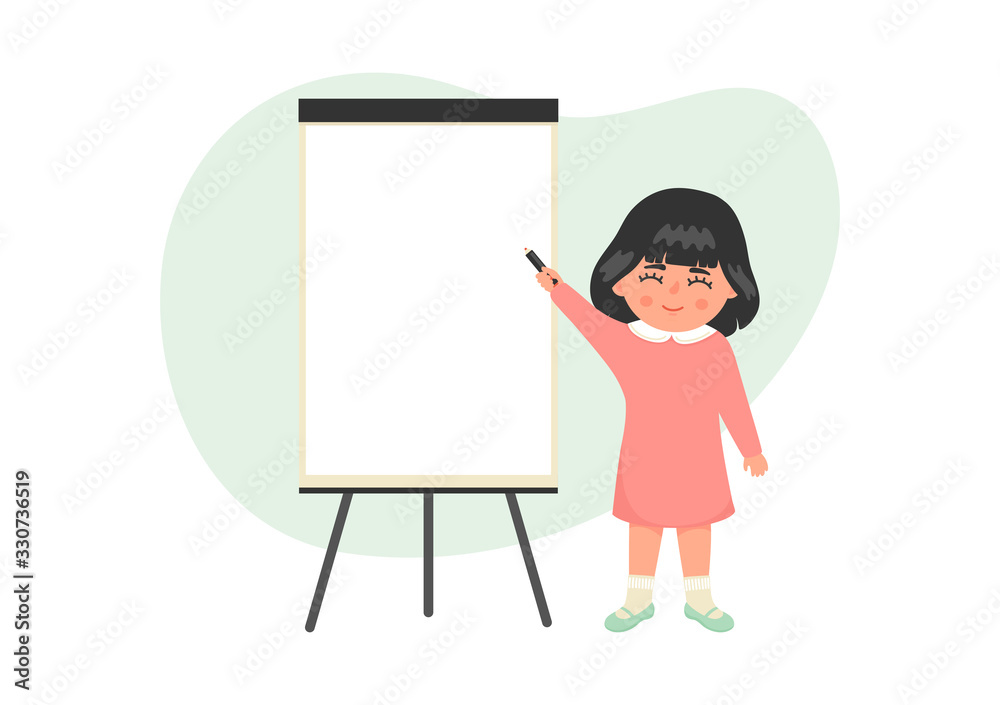 Cute little girl writing on flip-chart. Child standing holding marker ...