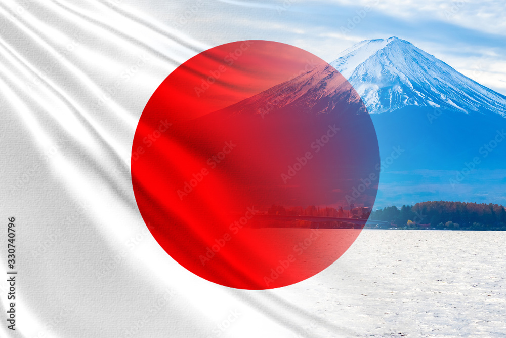 Japan. Mount Fuji on the background of the flag of Japan. Attractions ...