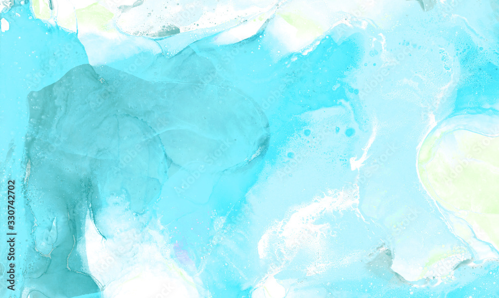 Abstract light sky blue alcohol ink background. Liquid watercolor paint ...