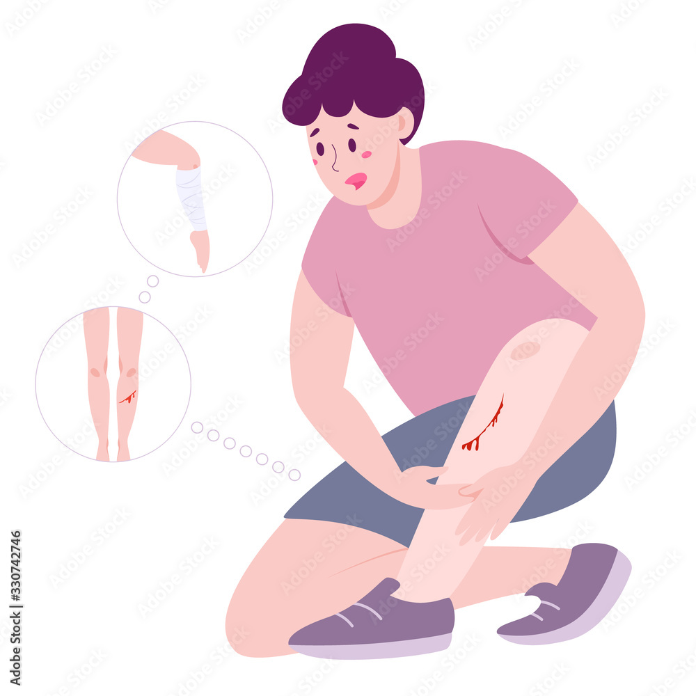 Man with bleeding wound on the knee. Deep scratch on his leg. Stock ...
