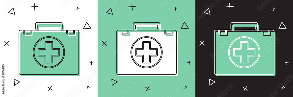 Set First aid kit icon isolated on white and green, black background. Medical box with cross ...