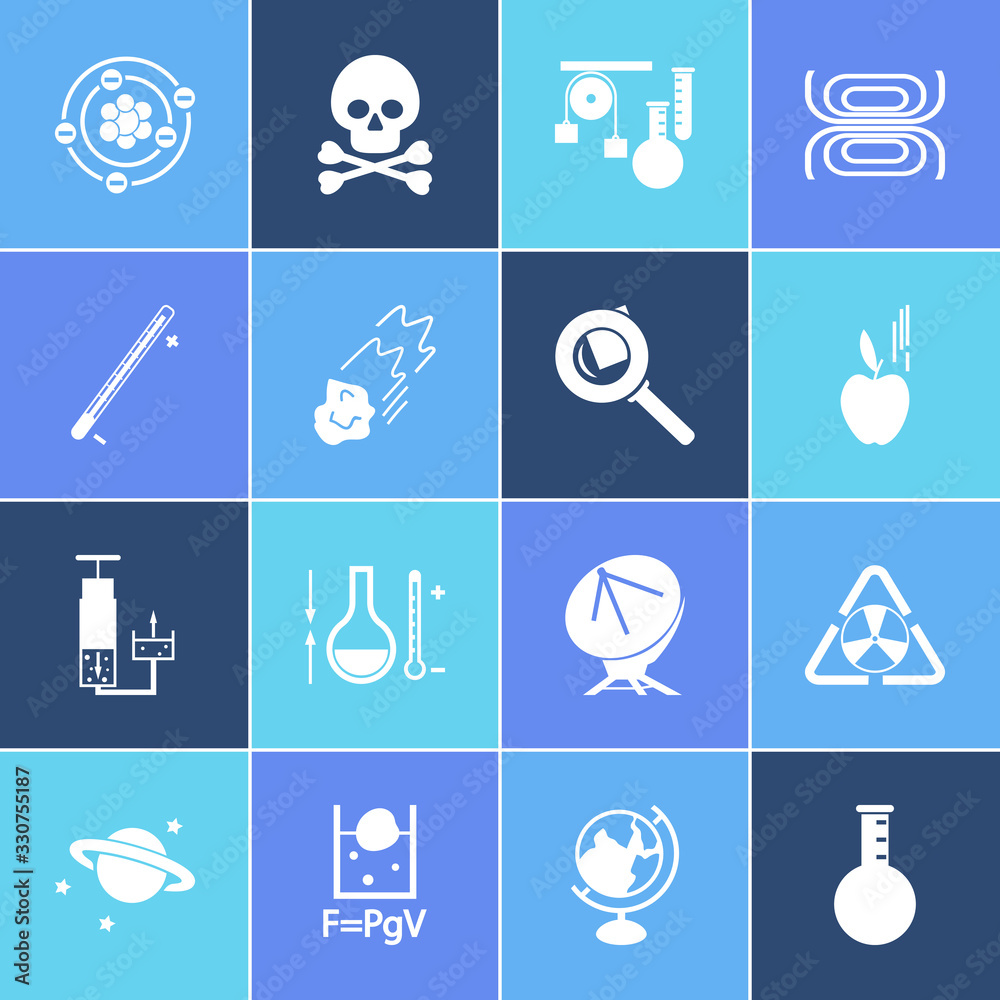 Physics icon set and electrons with physics formula, chemical ...