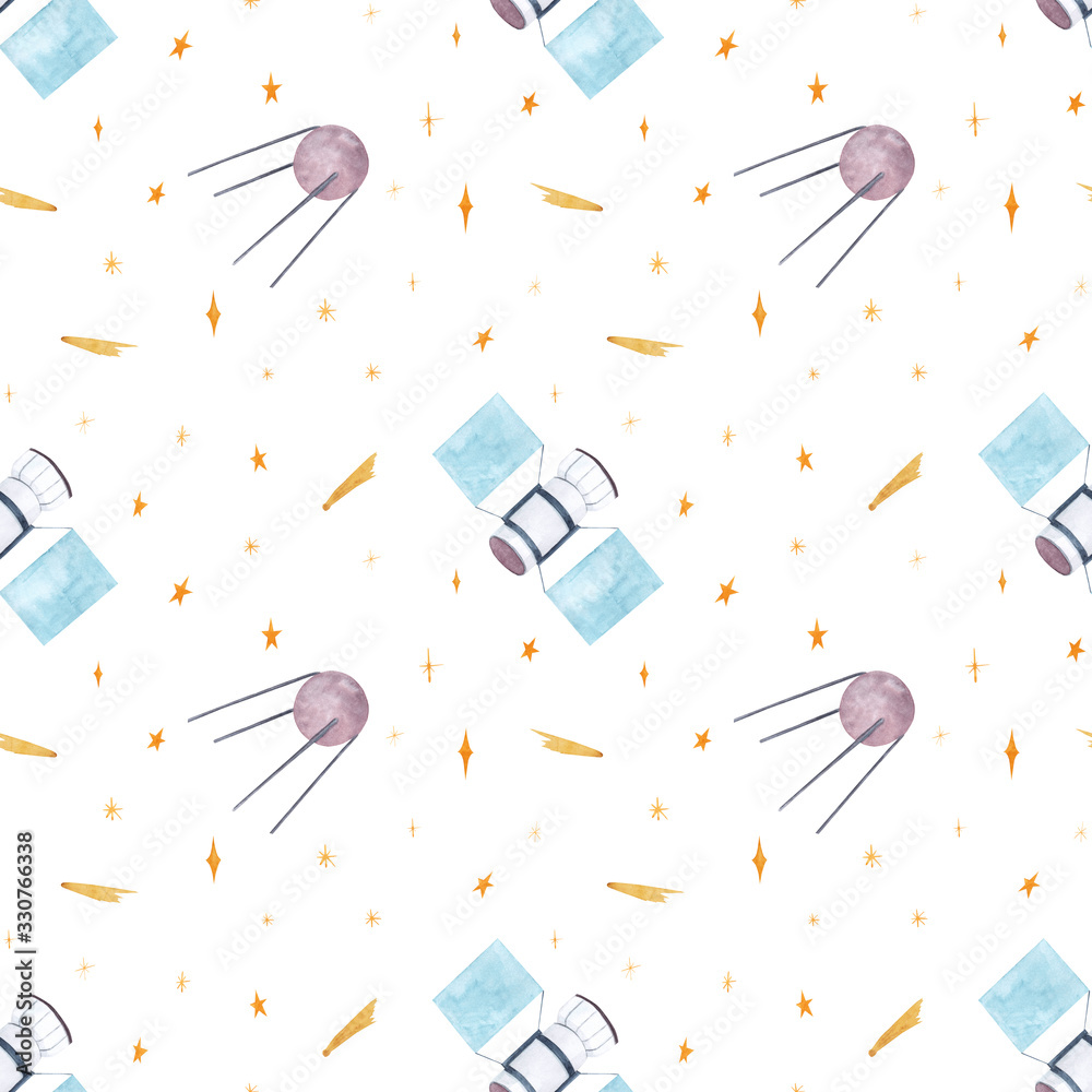 Watercolor hand drawn seamless pattern with outer space objects (space ...