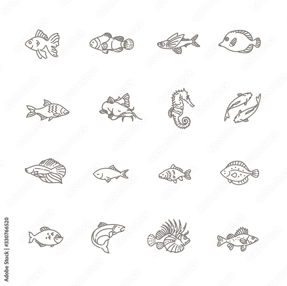 Set of vector fish icons. Set of vector outline fish icons, aquarium ...