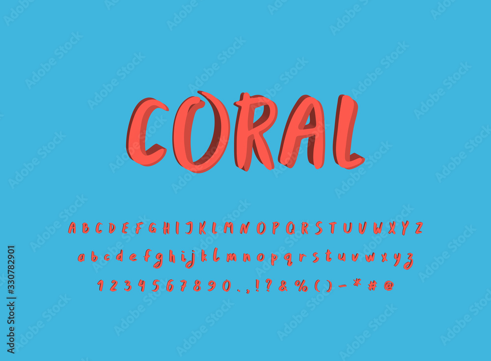 Modern lettering alphabet coral colors on sea blue background. Art ...