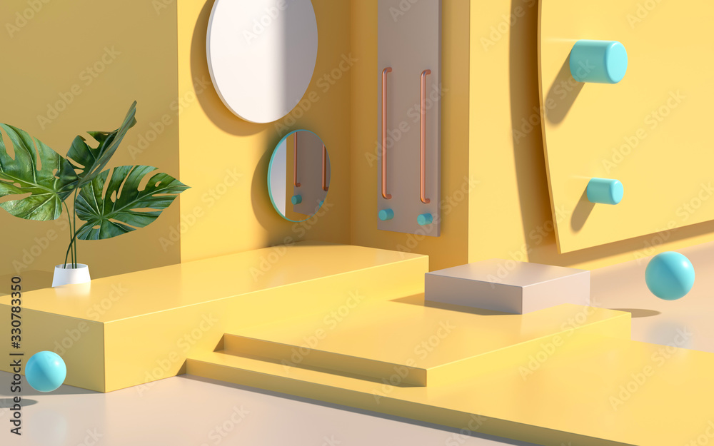 Creative drawing of 3D simulation scene color product exhibition stand ...