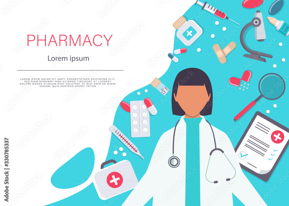 Pharmacy vector elements. A female pharmacist is showing medicine ...