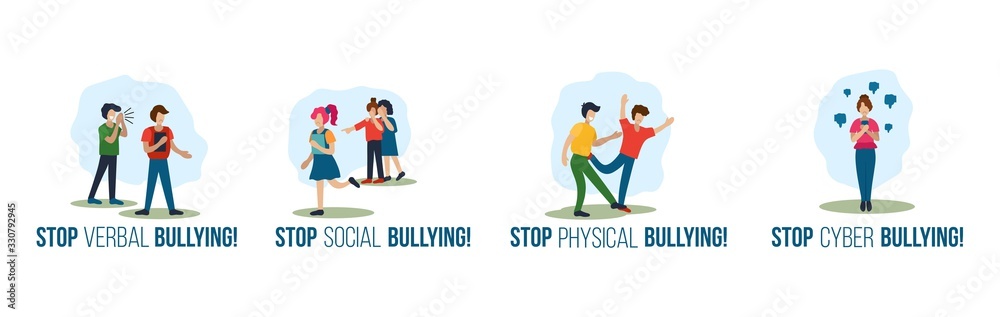 Stop verbal social physical cyber bullying set vector illustration ...