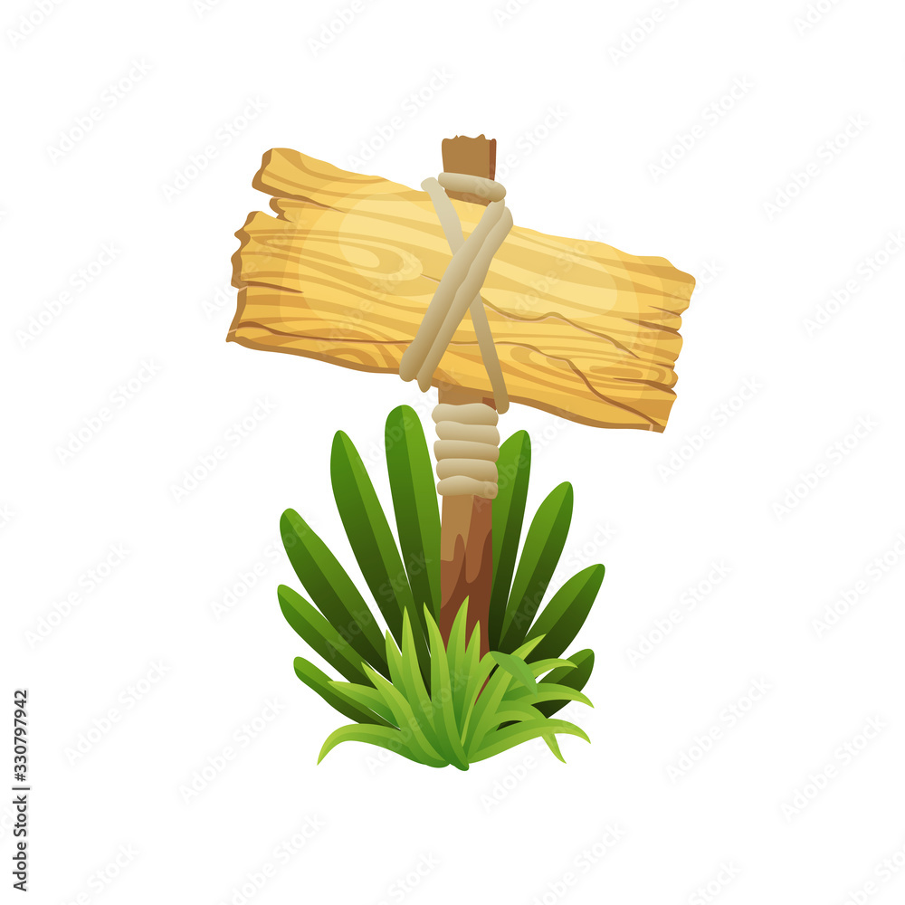 Wooden sign in Jungle rainforest with tropical leaves and space for ...