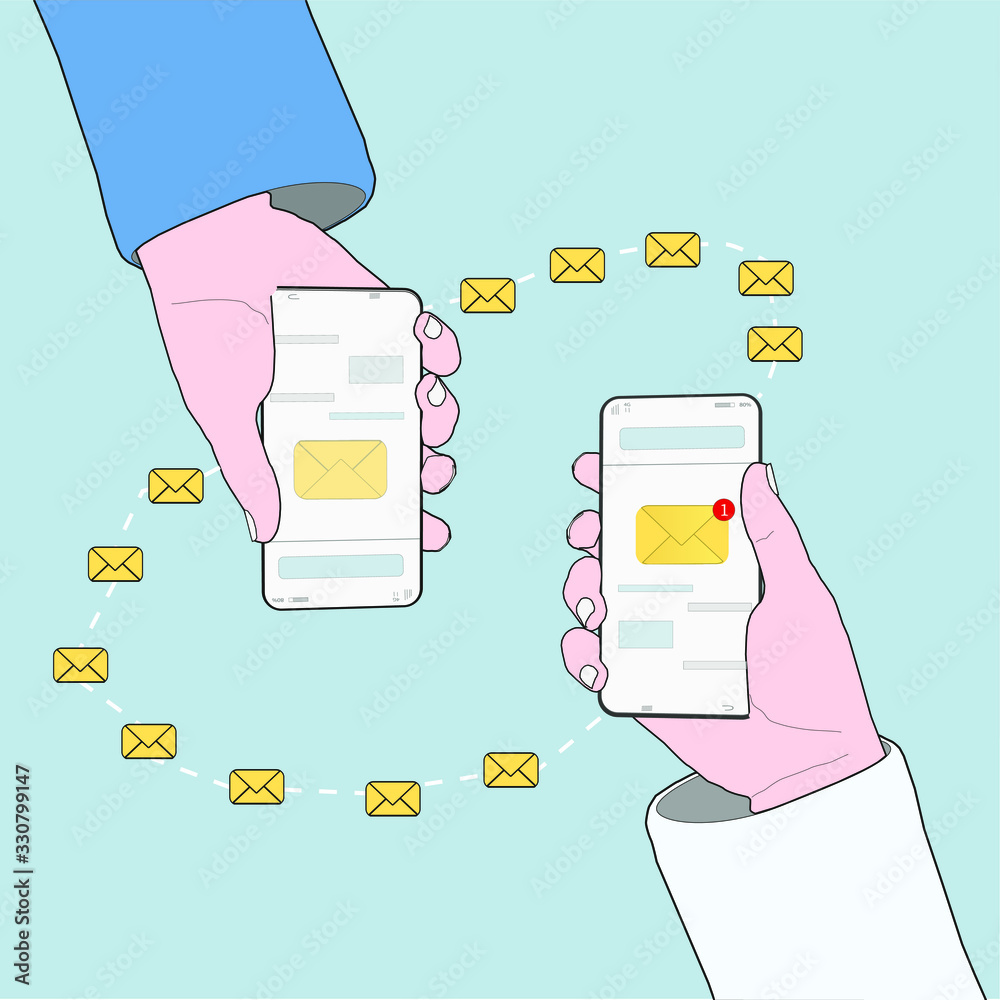 Hands holding phones, messaging. Symbols instant messengers, SMS ...