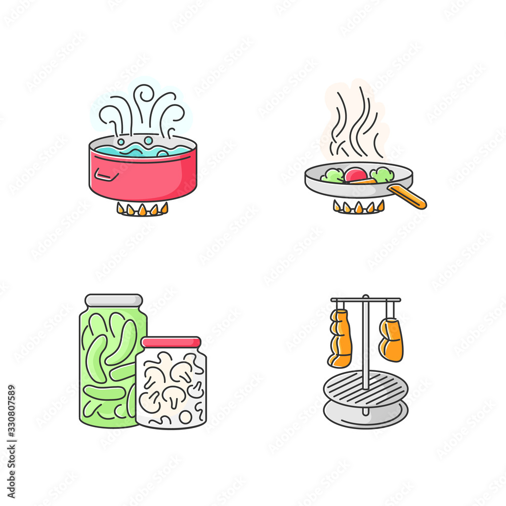 Culinary techniques RGB color icons set. Different food preparation ...