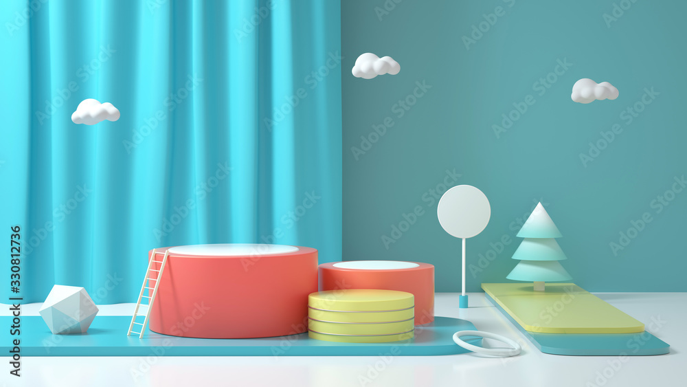 Creative drawing of 3D simulation scene color product exhibition stand ...