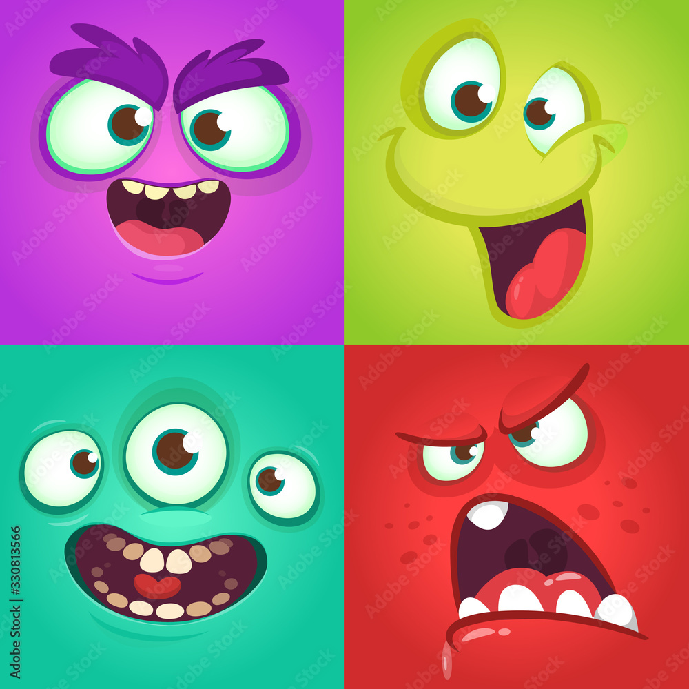 Cartoon monster faces set. Vector collection of four Halloween monster ...