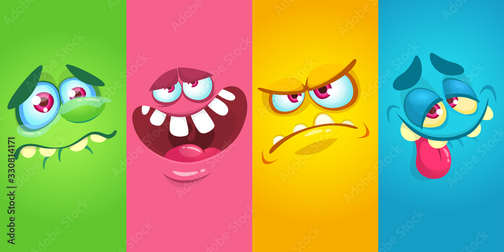 Cartoon monster faces set. Vector collection of four Halloween monster ...