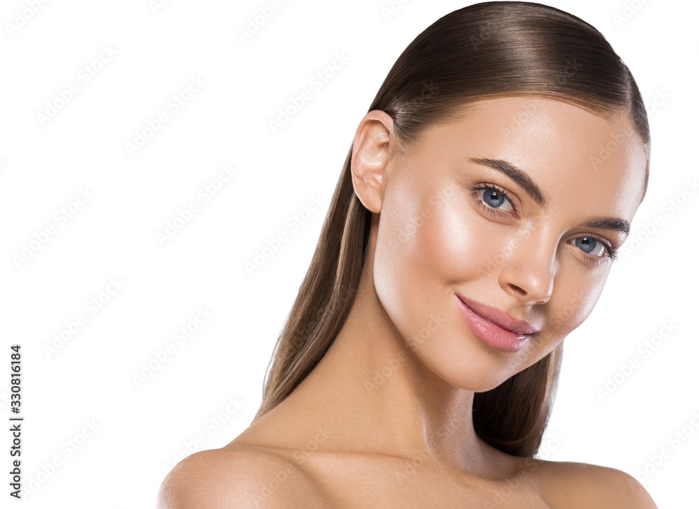 Beautiful woman face with beauty skin cute smile cosmetic concept clean ...