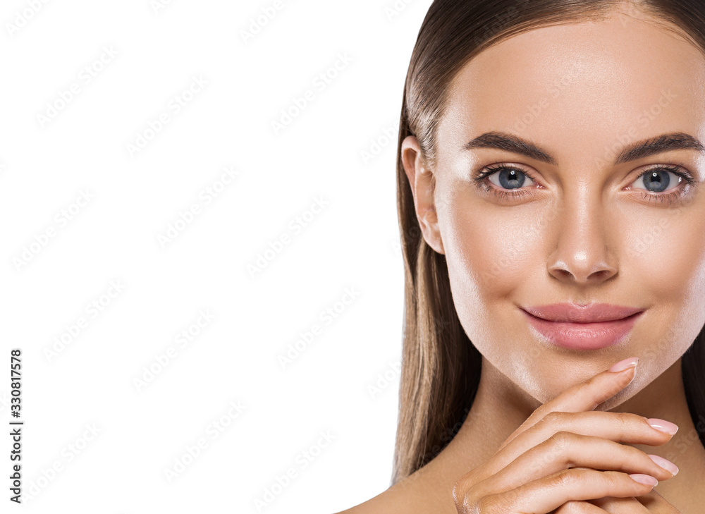 Beautiful woman face with beauty skin cute smile cosmetic concept clean ...
