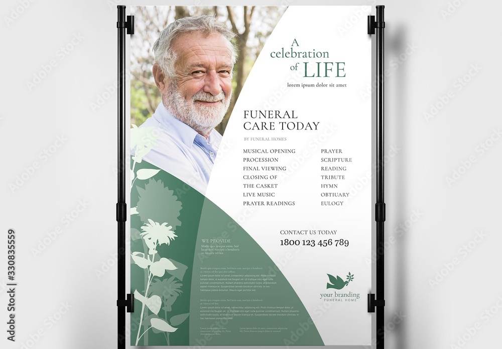 Funeral Service Poster with Green Floral Illustrations Stock Template ...