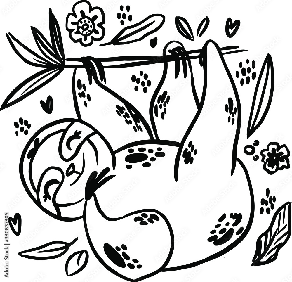 sloth doodle hand drawn coloring page. Cartoon abstract animal in ...
