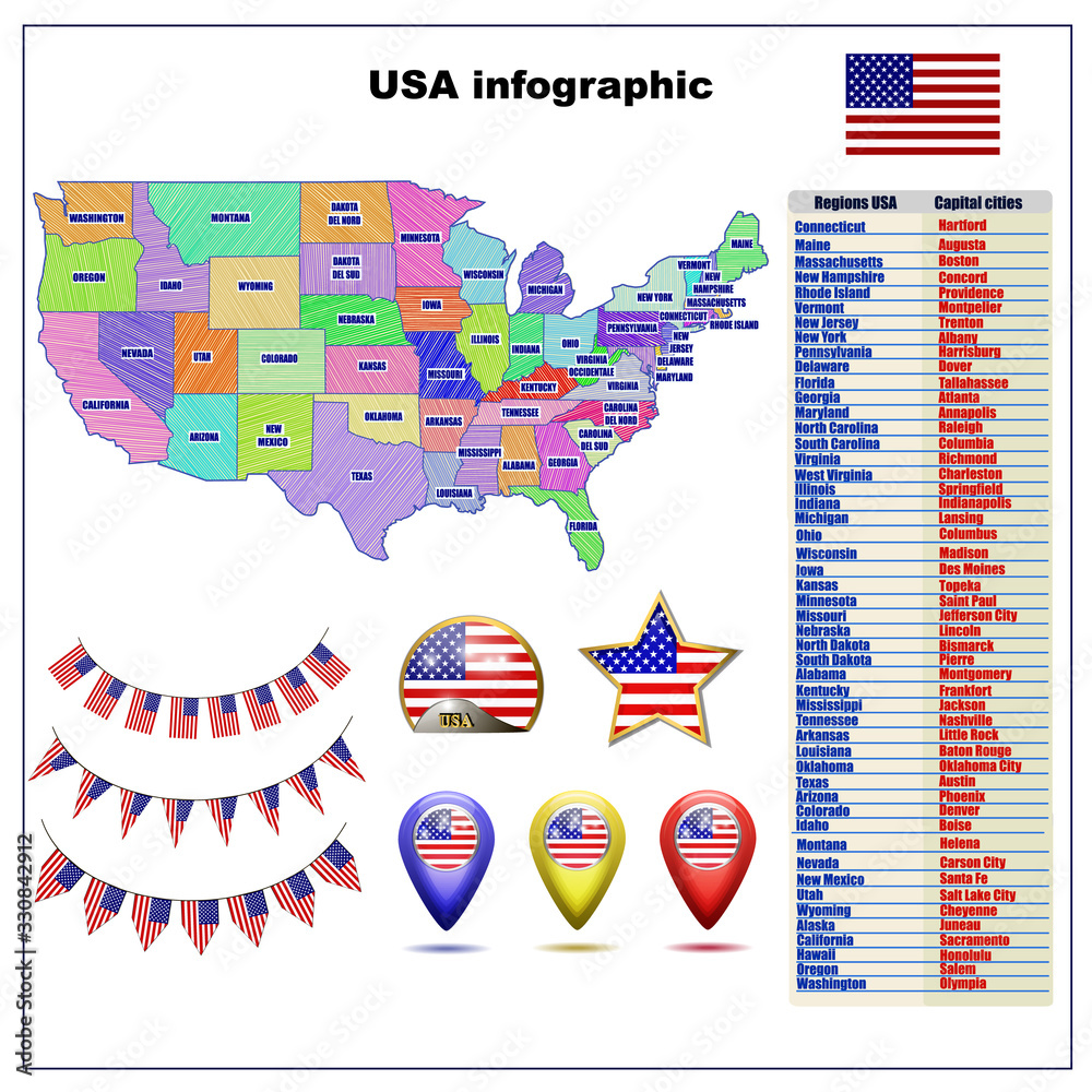 Map of USA with regions. Colorful graphic illustration with map of USA ...