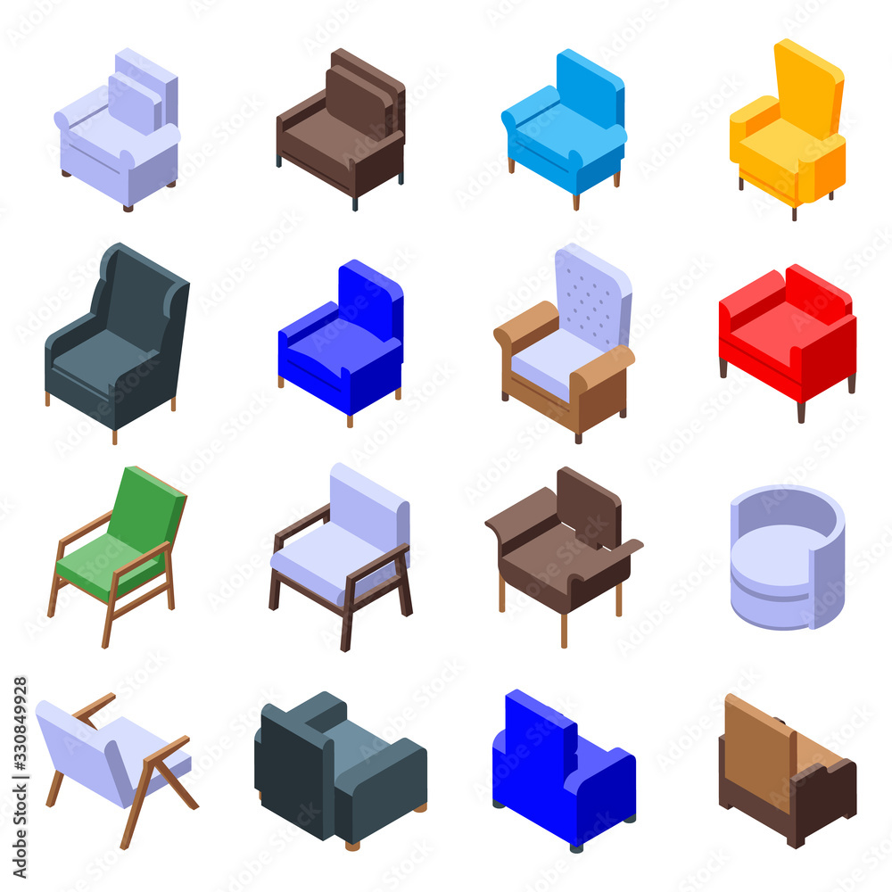 Armchair icons set. Isometric set of armchair vector icons for web ...