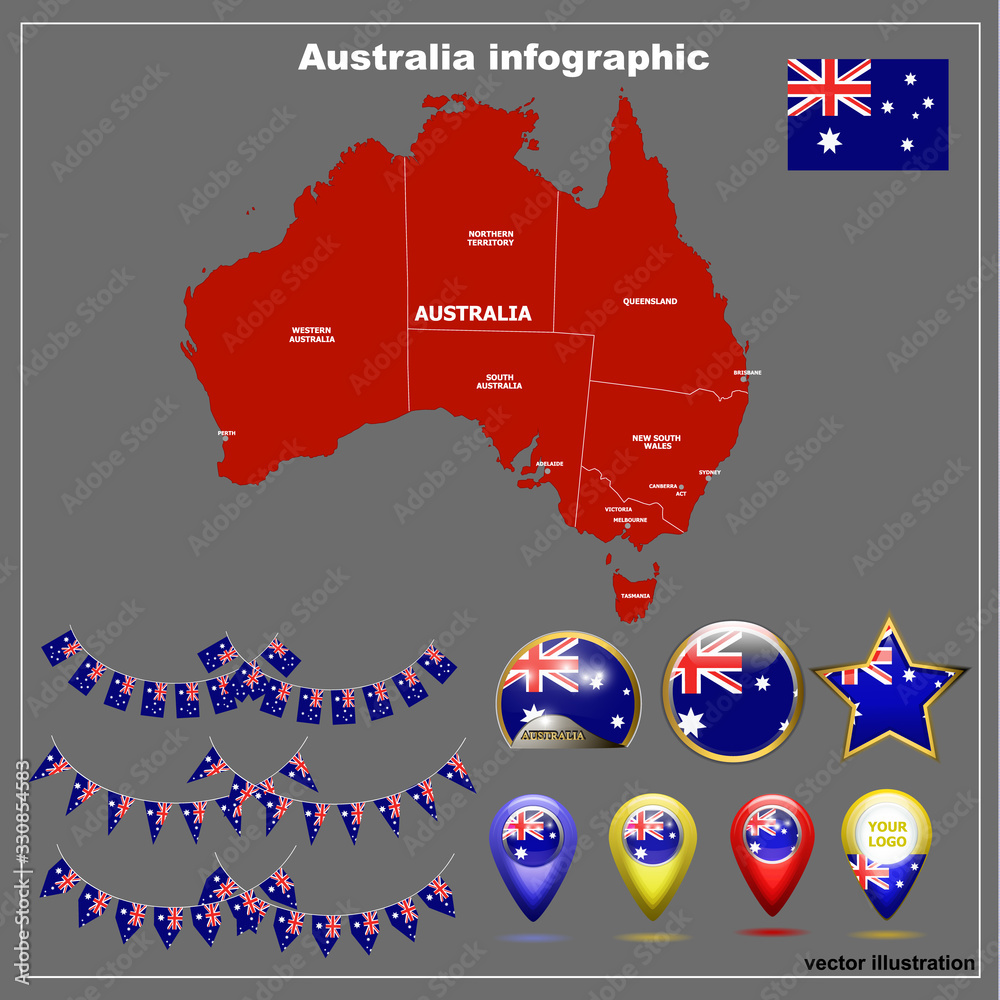Bright Map of Australia. Map of Australia graphic illustration on grey ...