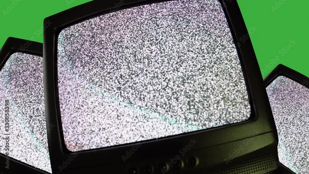 Old retro TV green screen switching on and off, noise static. 70s style ...