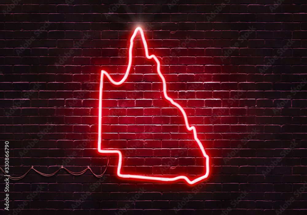 Neon sign on a brick wall in the shape of Queensland.(illustration ...